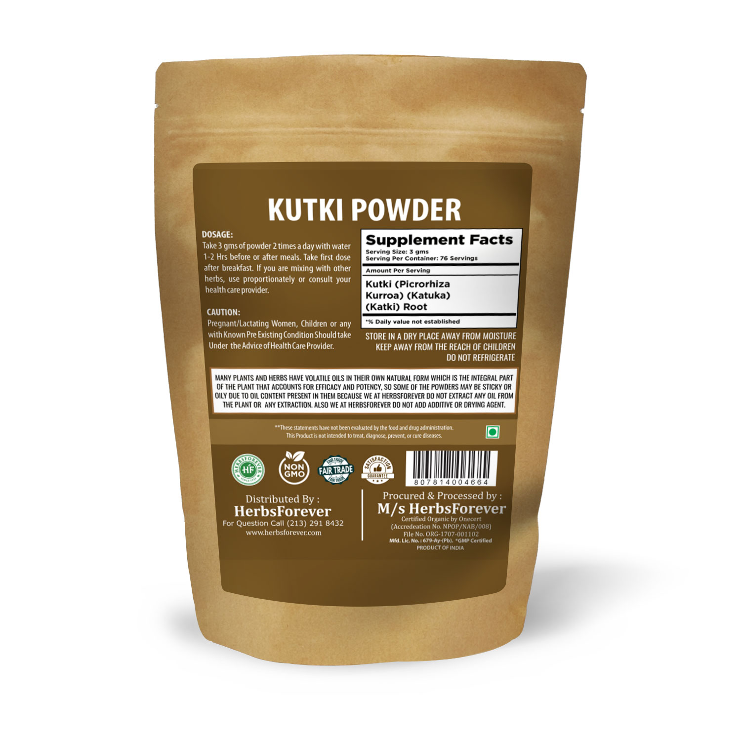 Kutki Powder- Picrorhiza Kurroa- Non-GMO- Vegan- 230 Gms- ½ LBS- Pack size.