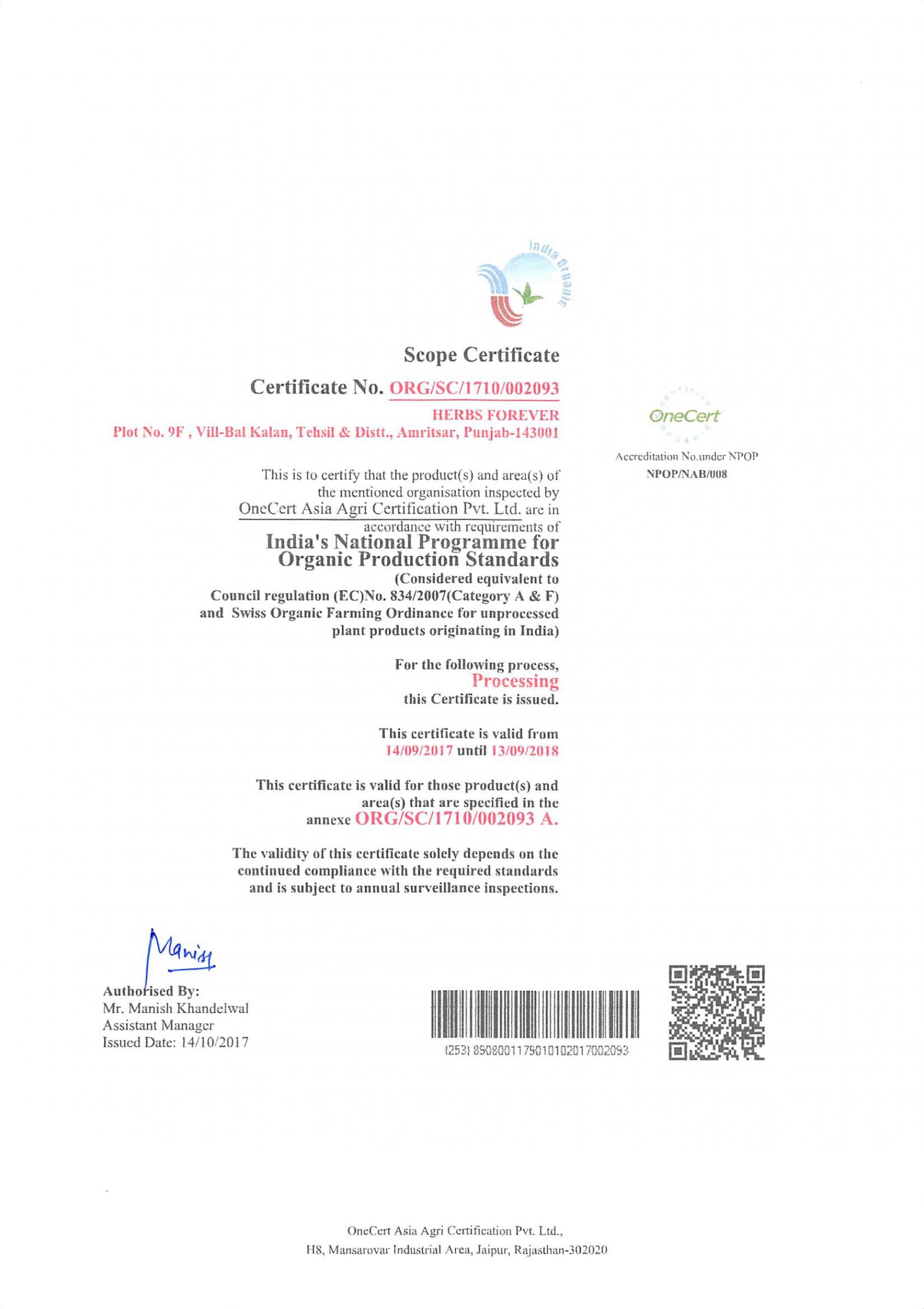 Manufacturing Facility License Certificates - HerbsForever